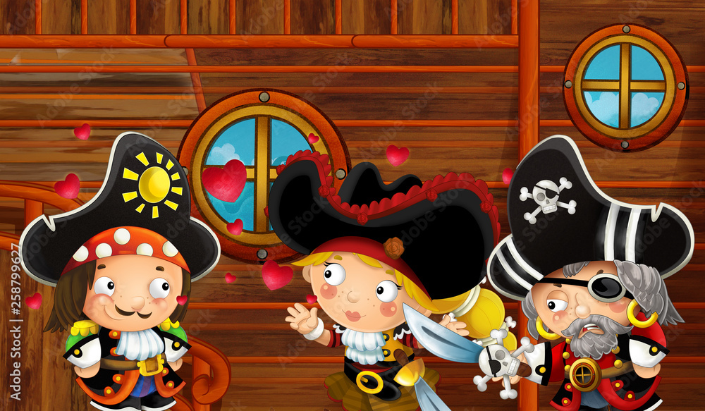 cartoon scene with pirate ship cabin interior with treasure and loving ...