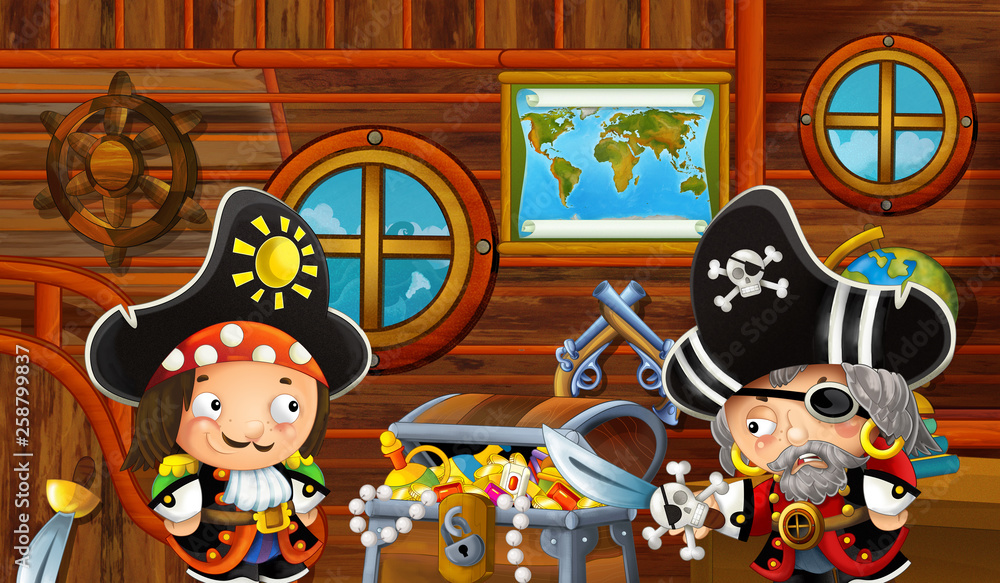 cartoon scene with pirate ship cabin interior with pirate boy sailing ...