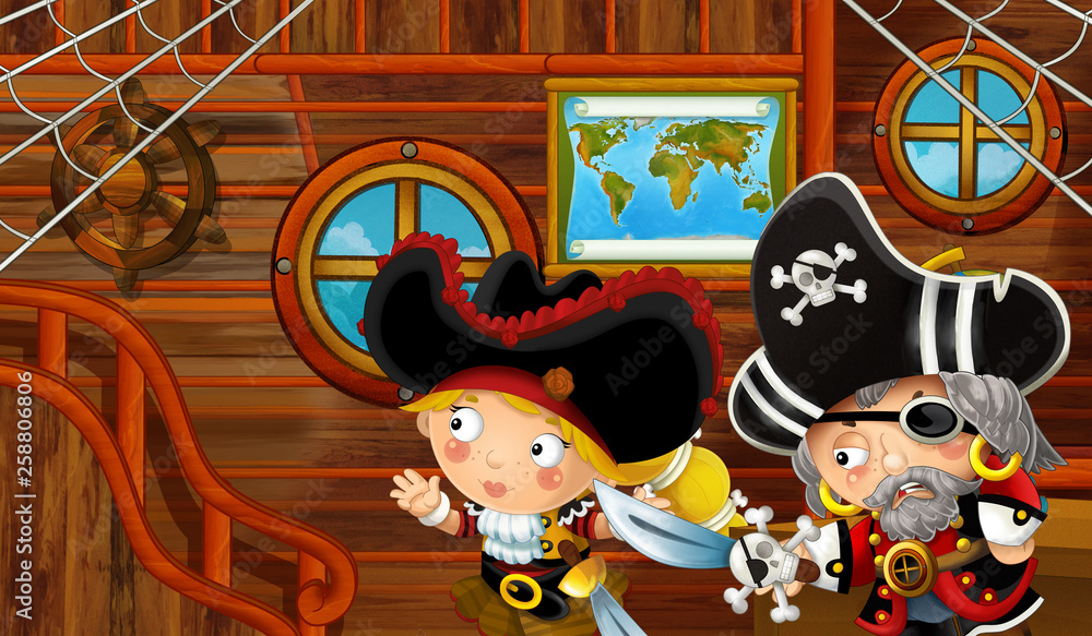cartoon scene with pirate ship cabin interior with treasure and loving ...