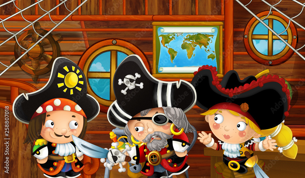 cartoon scene with pirate ship cabin interior with treasure and loving ...