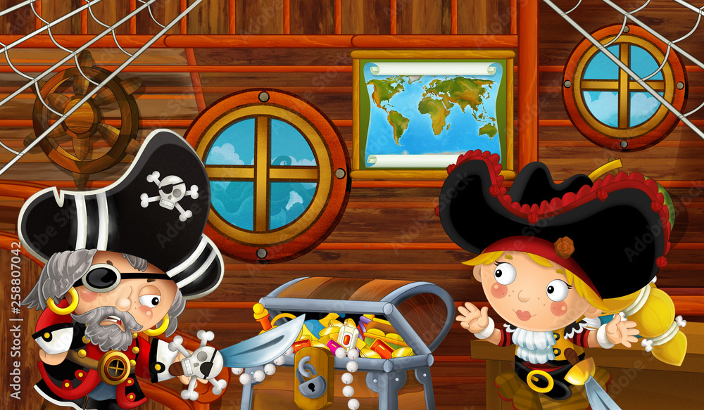 cartoon scene with pirate ship cabin interior with treasure and loving ...