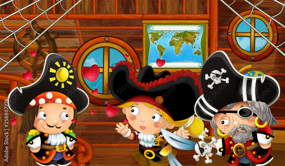 cartoon scene with pirate ship cabin interior with treasure and loving ...