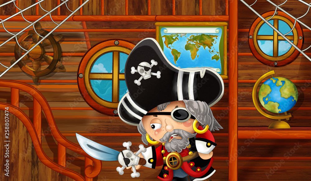 cartoon scene with pirate ship cabin interior sailing through the seas ...