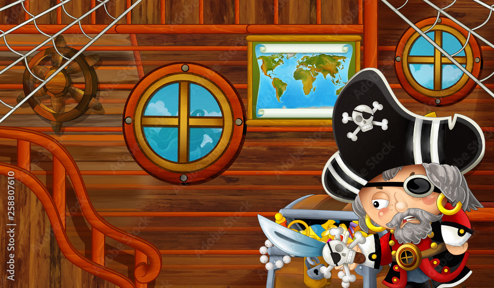 cartoon scene with pirate ship cabin interior with treasure sailing ...