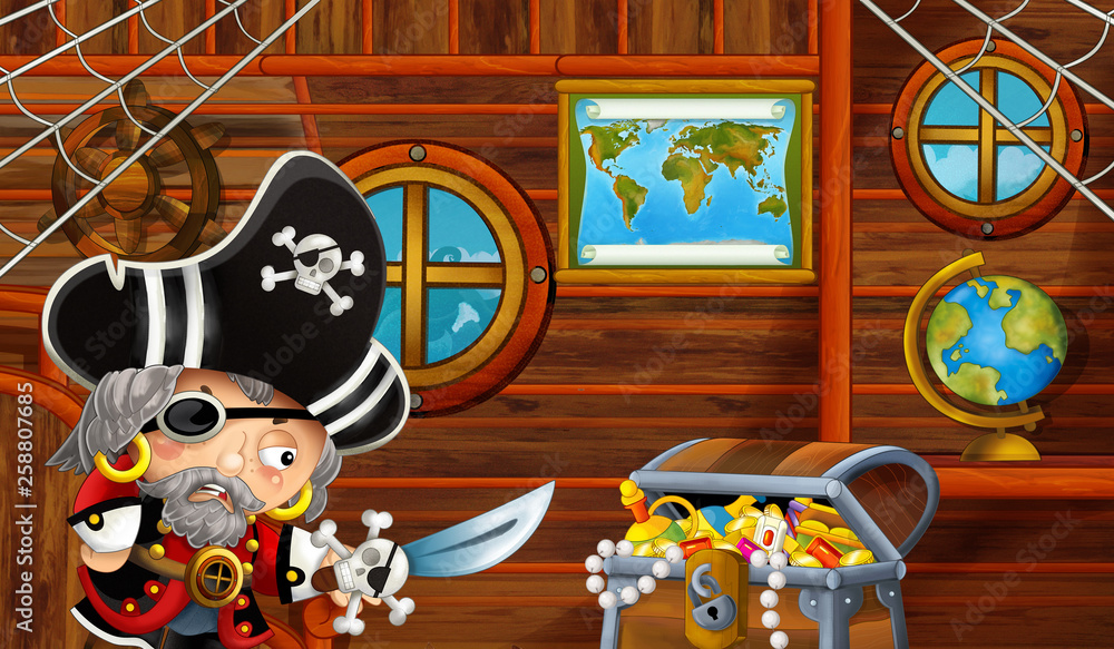 cartoon scene with pirate ship cabin interior with treasure sailing ...