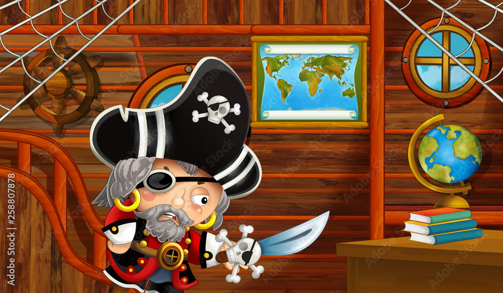 cartoon scene with pirate ship cabin interior sailing through the seas ...