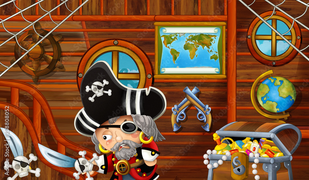 cartoon scene with pirate ship cabin interior with treasure sailing ...