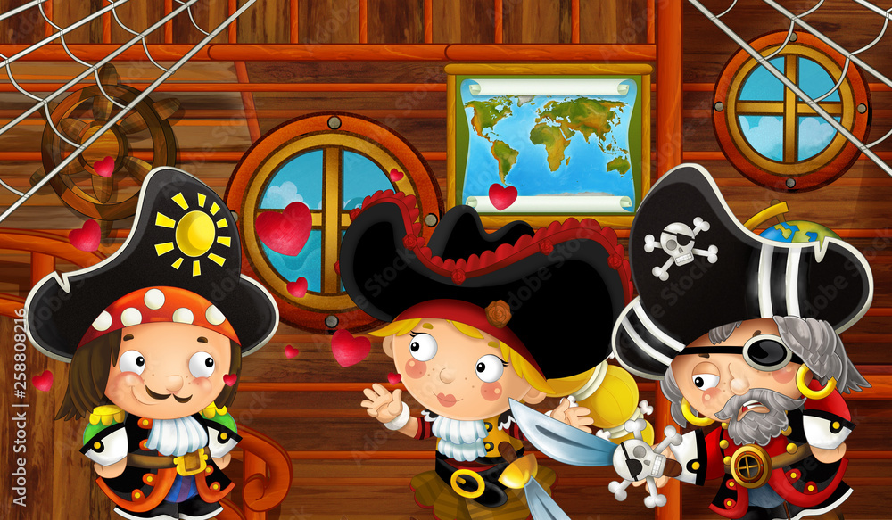 cartoon scene with pirate ship cabin interior with treasure and loving ...