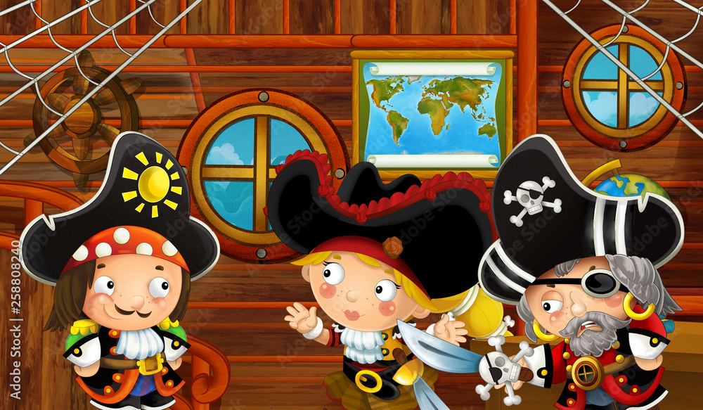 cartoon scene with pirate ship cabin interior with treasure and loving ...