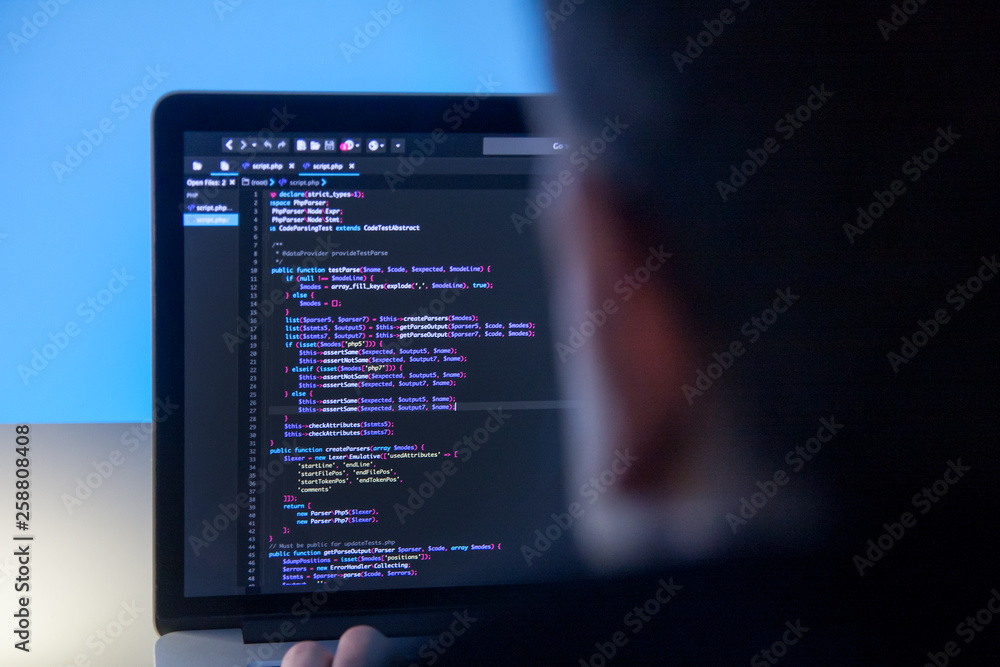 Programmer working on laptop computer in office Stock Photo | Adobe Stock