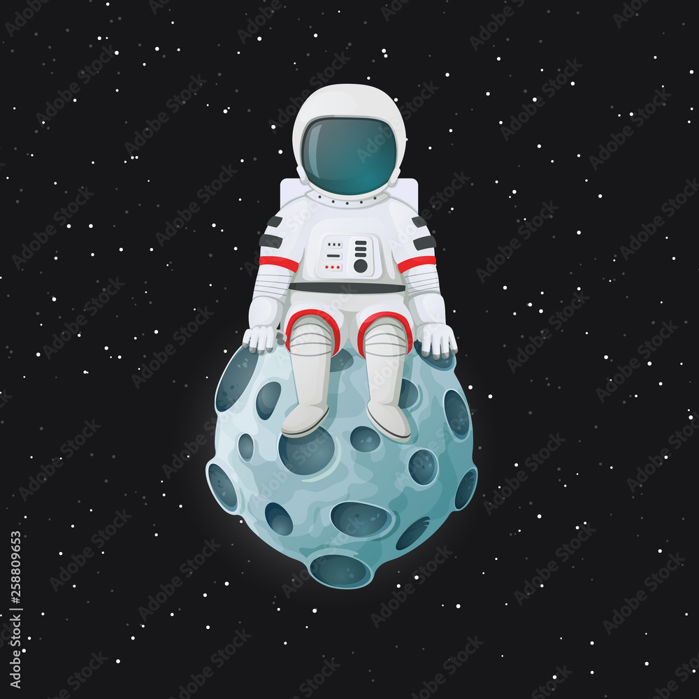 Cartoon astronaut sitting on the Moon. Outer space and stars in the ...