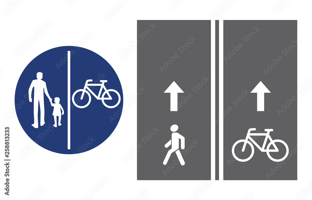 Road sign, pedestrian and bicyclist, vector illustration icon. Circular ...