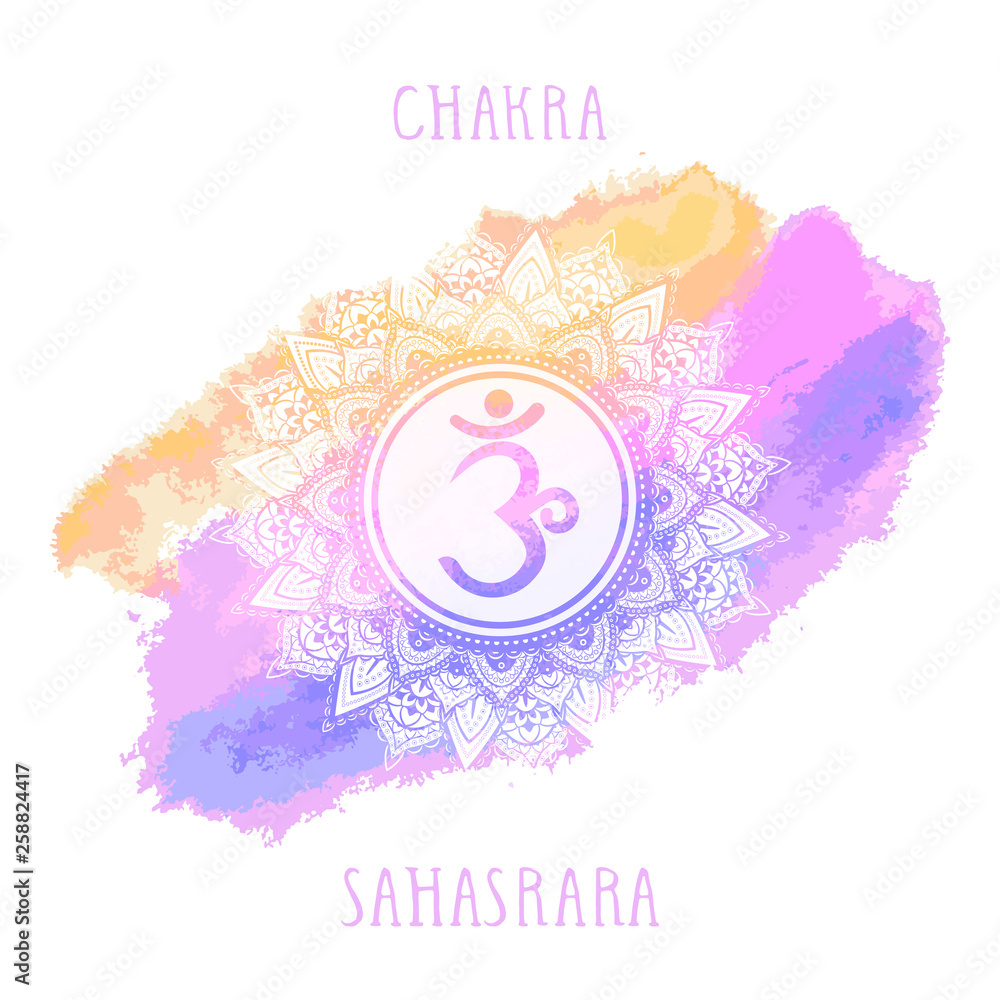 Vector illustration with symbol Sahasrara - Crown chakra and watercolor ...