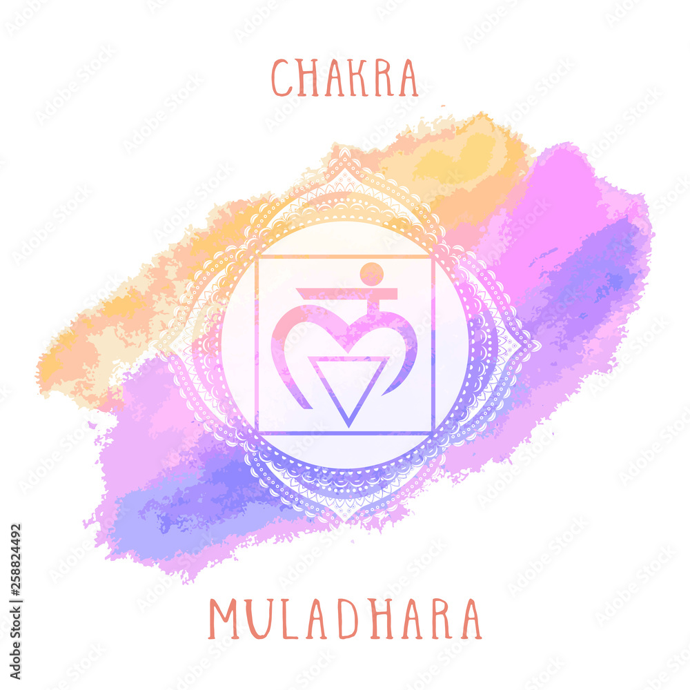 Vector illustration with symbol Muladhara - Root chakra and watercolor ...