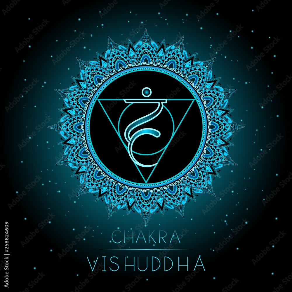 Vector illustration with symbol Vishuddha - Throat chakra on black ...