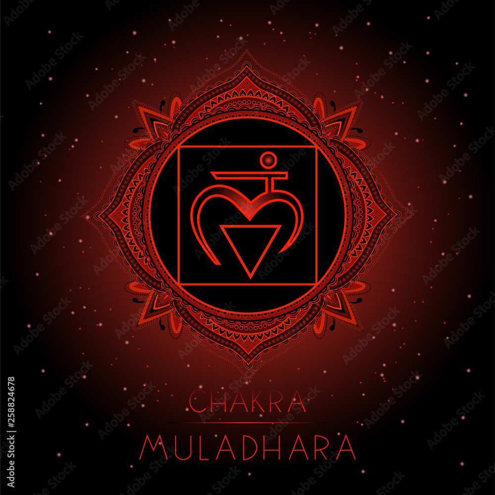 Vector illustration with symbol Muladhara - Root chakra on black ...