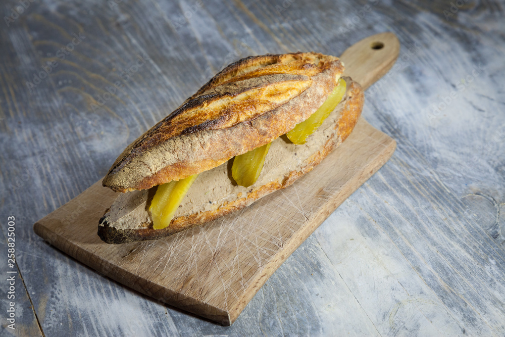 Liver Pate sandwich in a French baguette, made of duck and chicken Pate ...