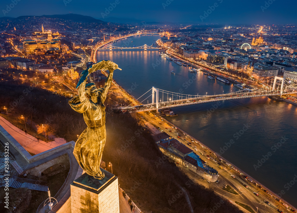 Budapest, Hungary - Aerial blue hour view of illuminated Statue of ...