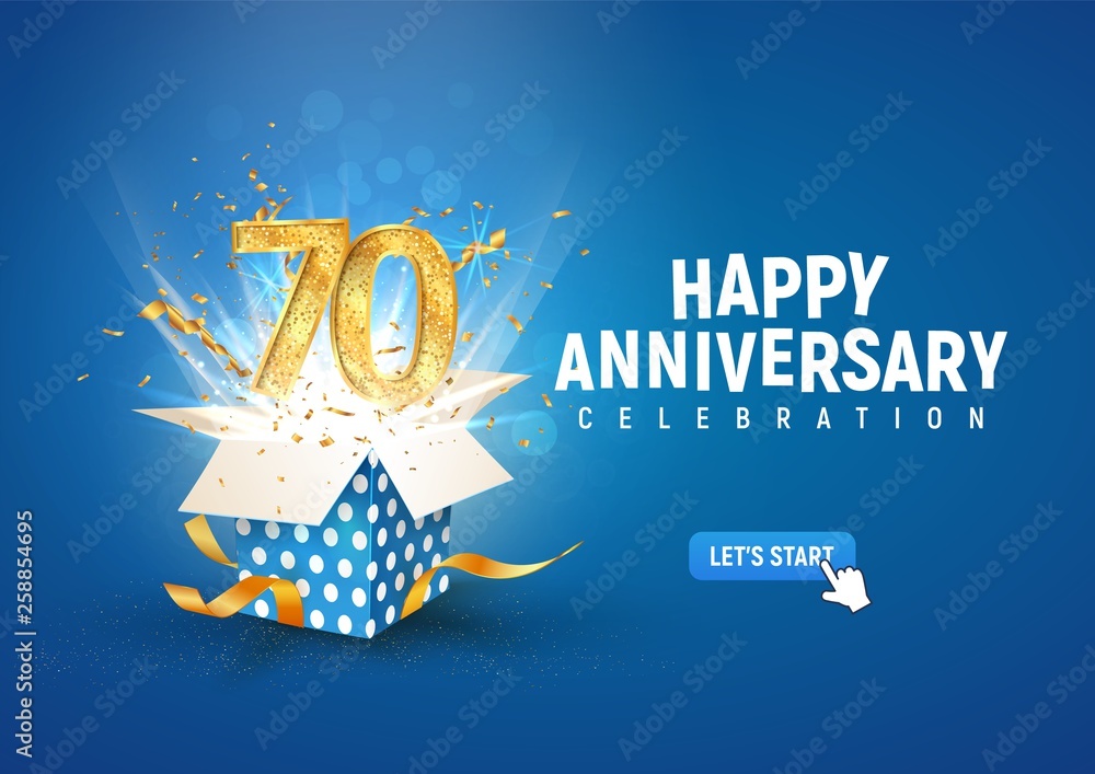70 th years anniversary banner with open burst gift box. Template ...