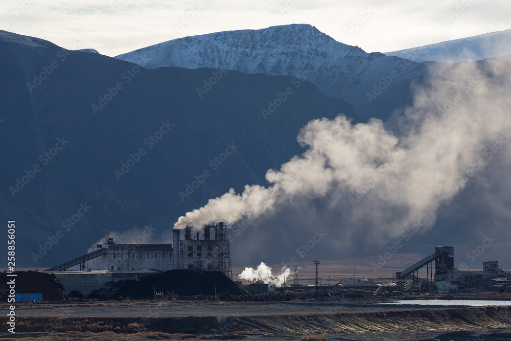 Thermal power plant on the background of mountains. Industrial ...