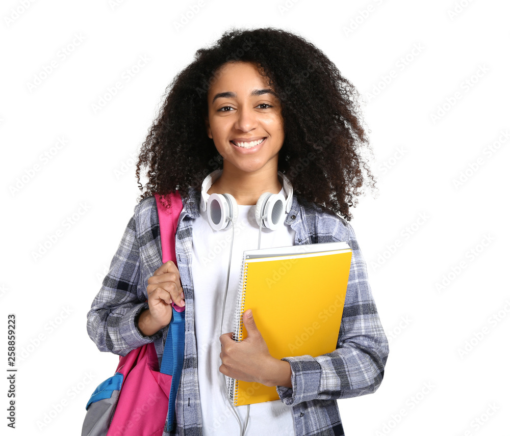Beautiful African-American student on white background Stock Photo ...