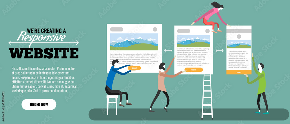 Web designers creatign responsive website. Tiny people making site ...