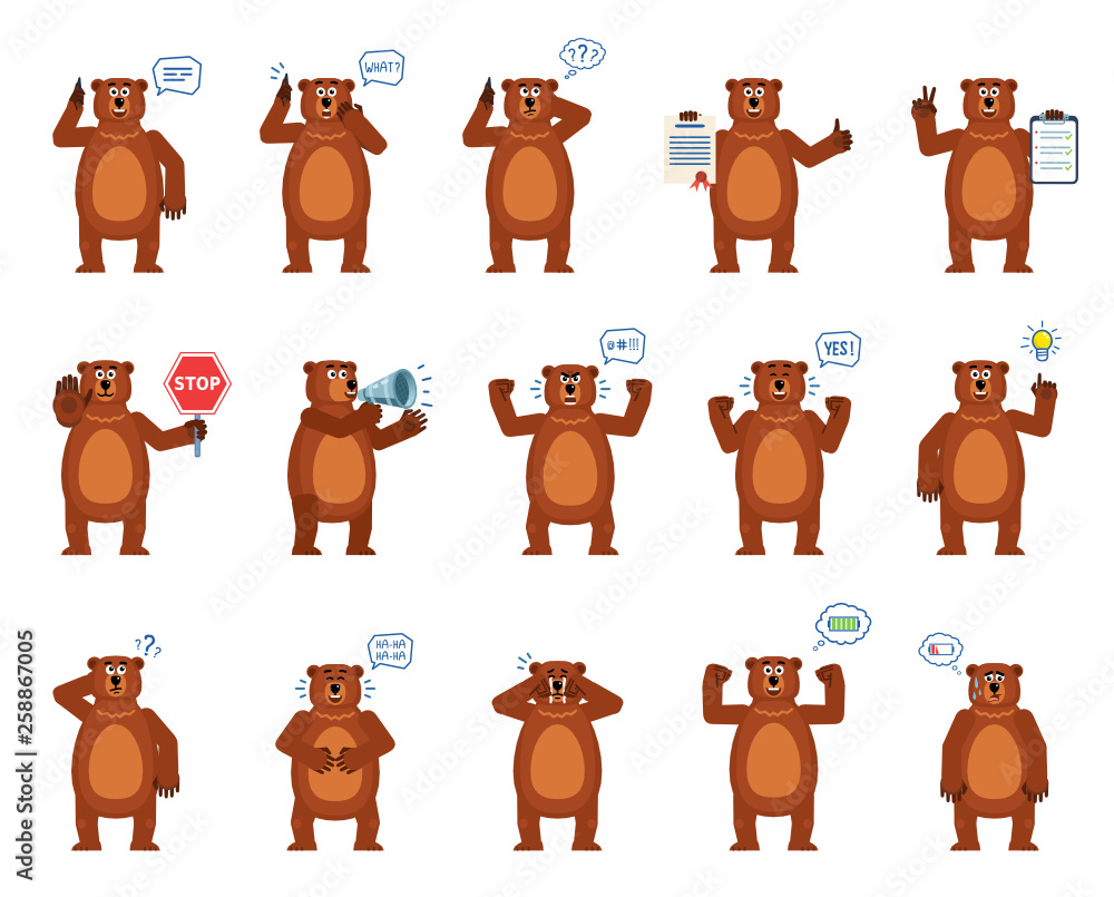 Set of cartoon brown bear characters showing diverse actions, emotions ...