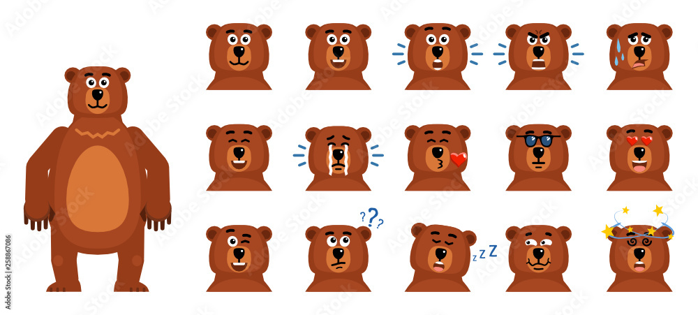 Set of brown bear emoticons. Bear avatars showing various facial ...