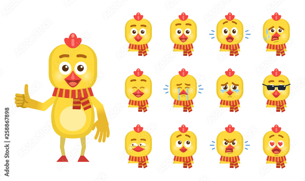 Set of cartoon chicken character emoticons. Chicken avatars showing ...