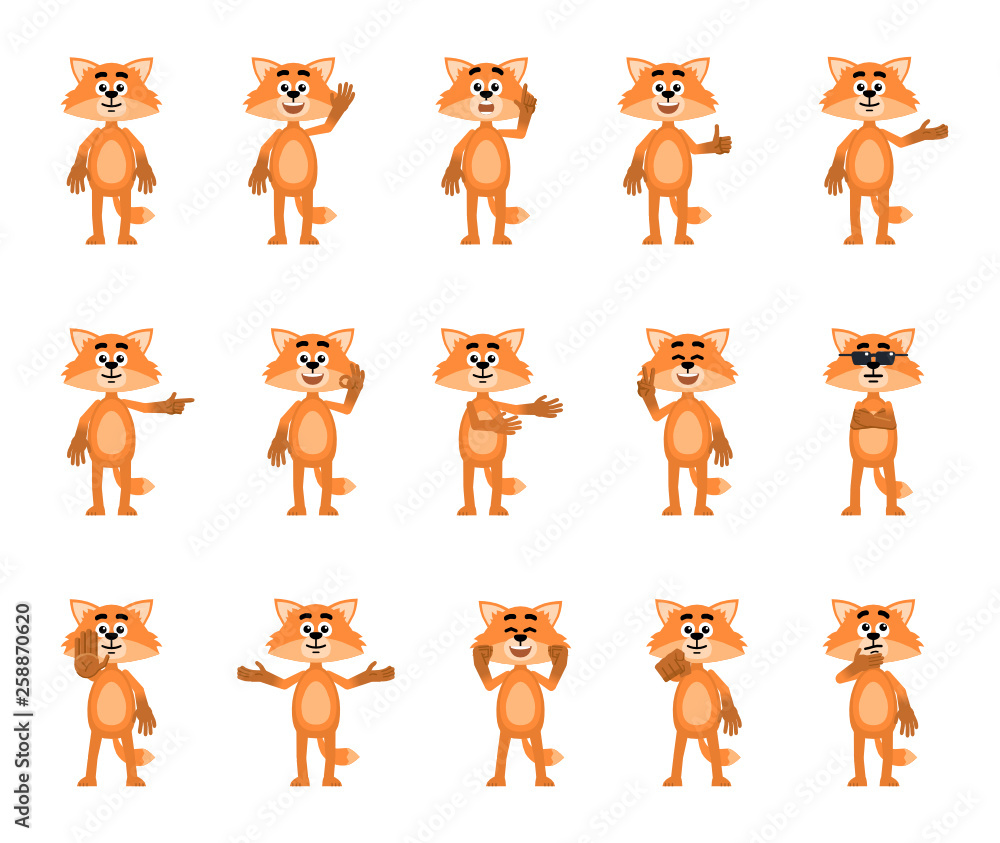 Set of cartoon fox characters showing diverse hand gestures, poses ...