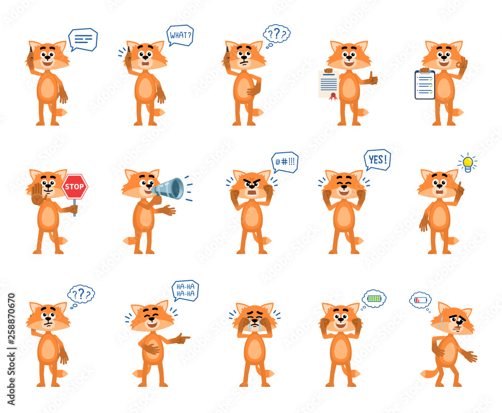 Set of cartoon fox characters showing diverse actions, emotions. Funny ...