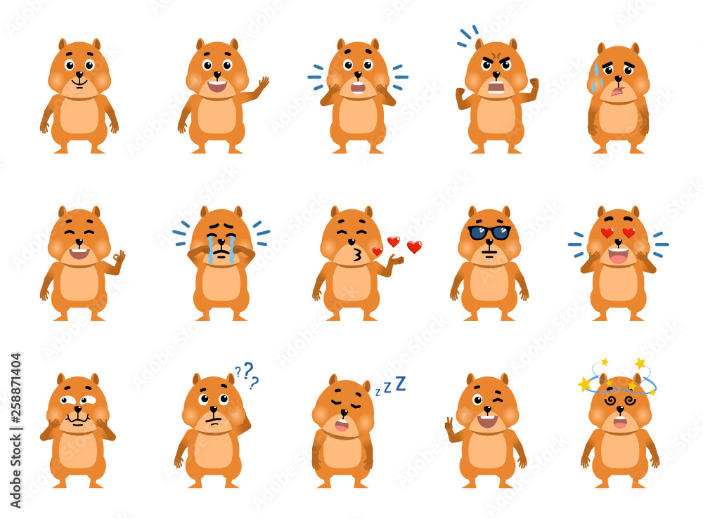 Set of cartoon hamster characters showing various emotions. Funny ...