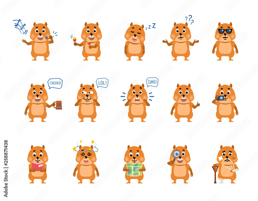 Set of cartoon hamster characters showing various actions, emotions ...