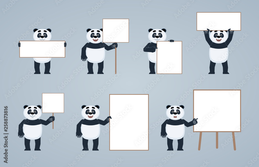 Set of cartoon panda characters posing with different blank banners ...