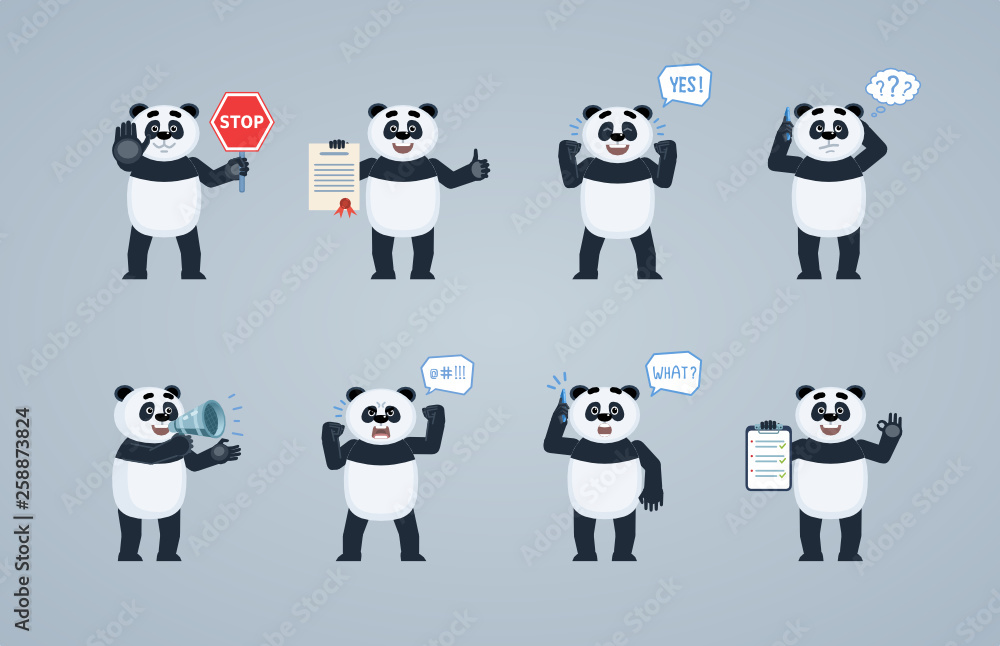 Set of cartoon panda characters posing in different situations ...