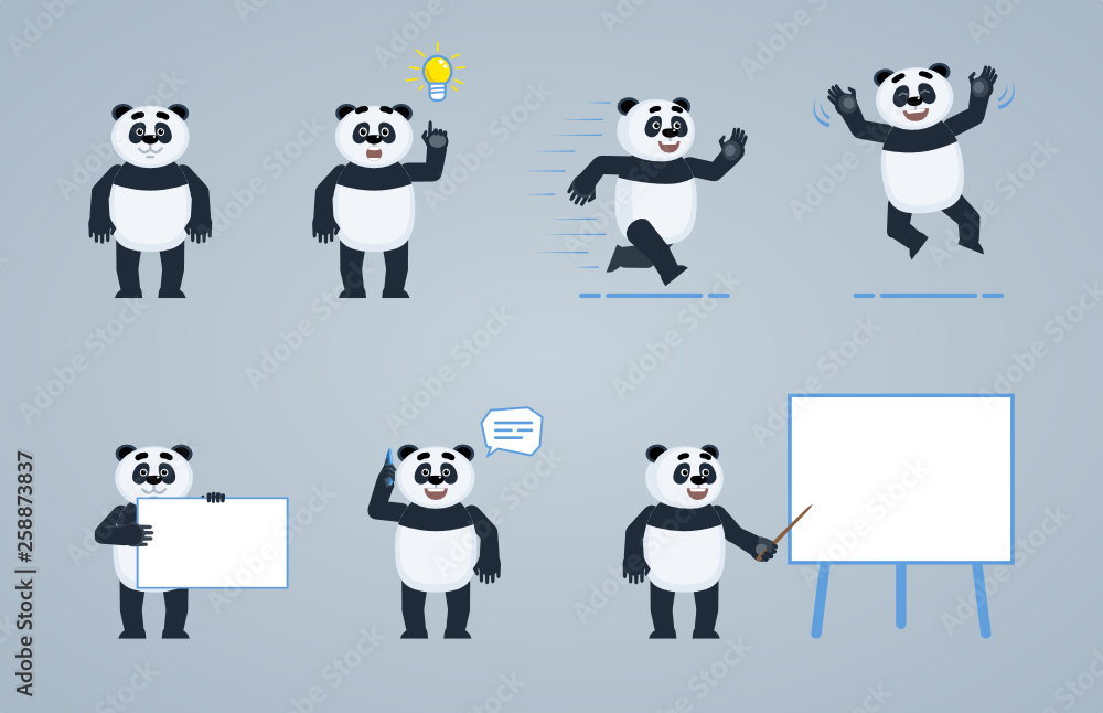 Set of cartoon panda characters posing in different situations ...