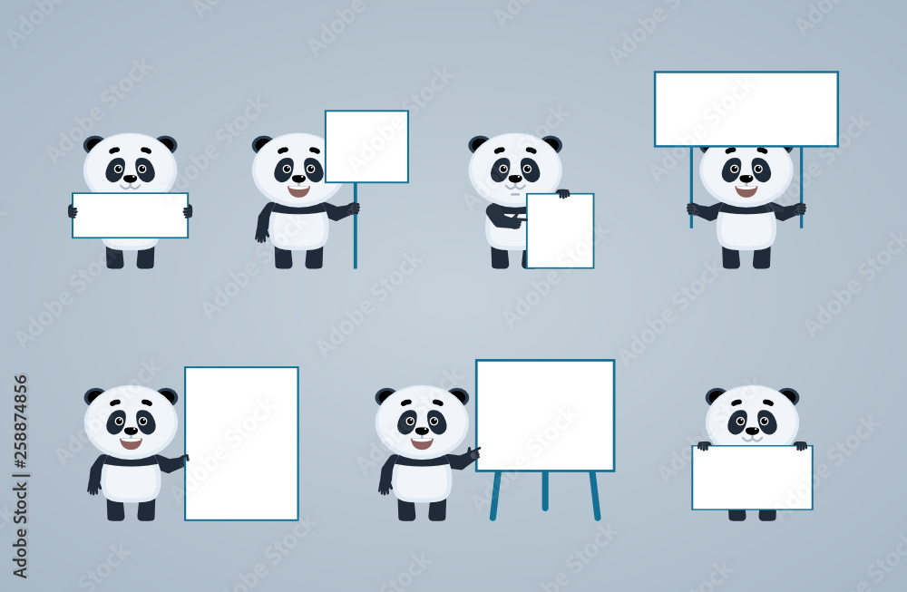 Set of cartoon baby panda characters posing with different blank ...