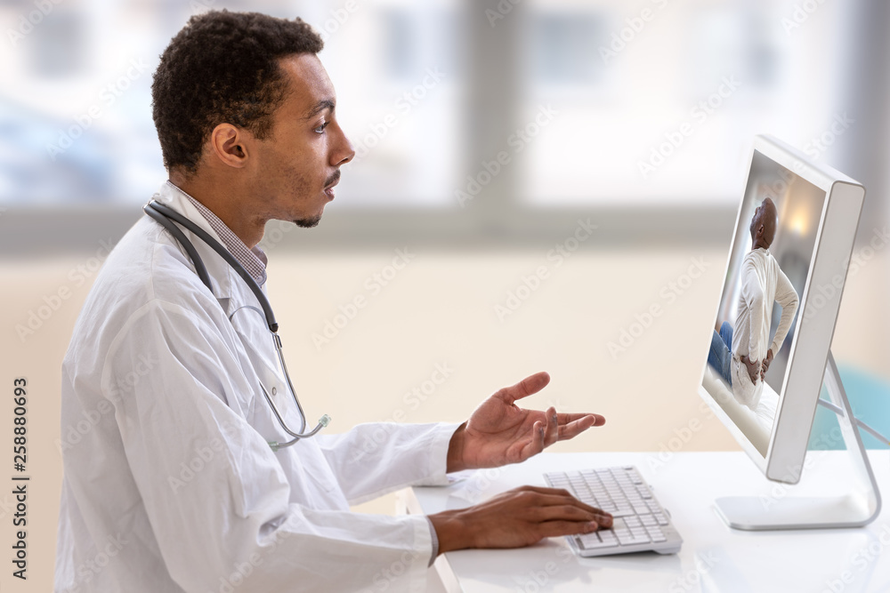 Telemedicine or telehealth concept, Doctor with a stethoscope on the ...