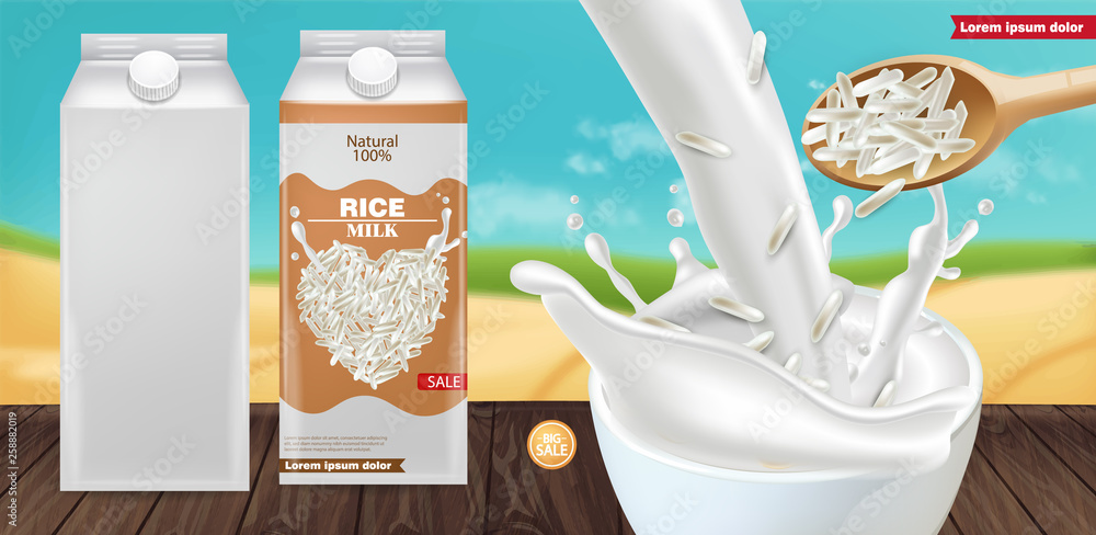 Rice milk splash mock up Vector realistic. Product placement advertise ...
