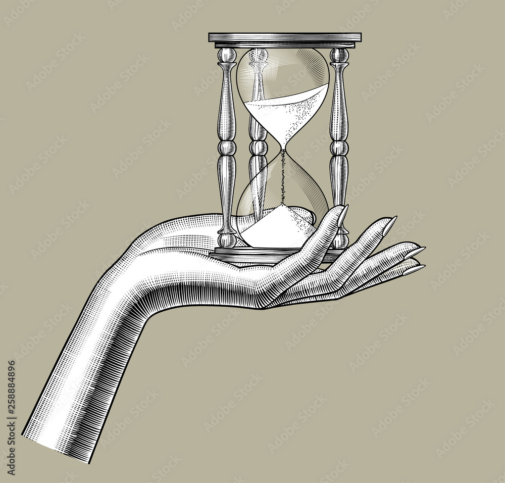 Concept of passing time. Female hand with a retro hourglass. Vintage ...
