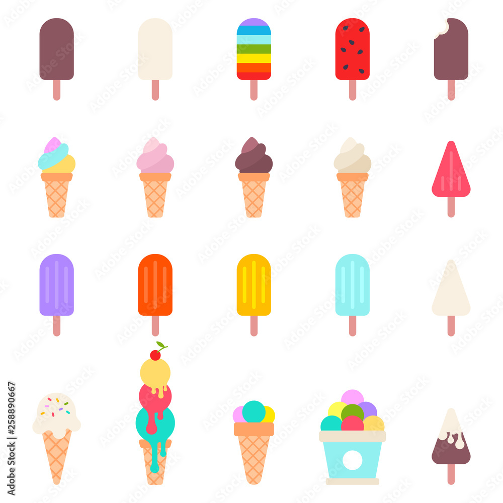 Ice cream set of different shapes and colors. Vector cartoon flat ...