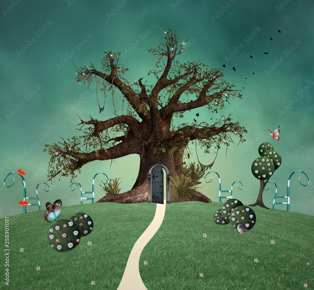 Magic tree with open door in the enchanted green garden - 3D and ...