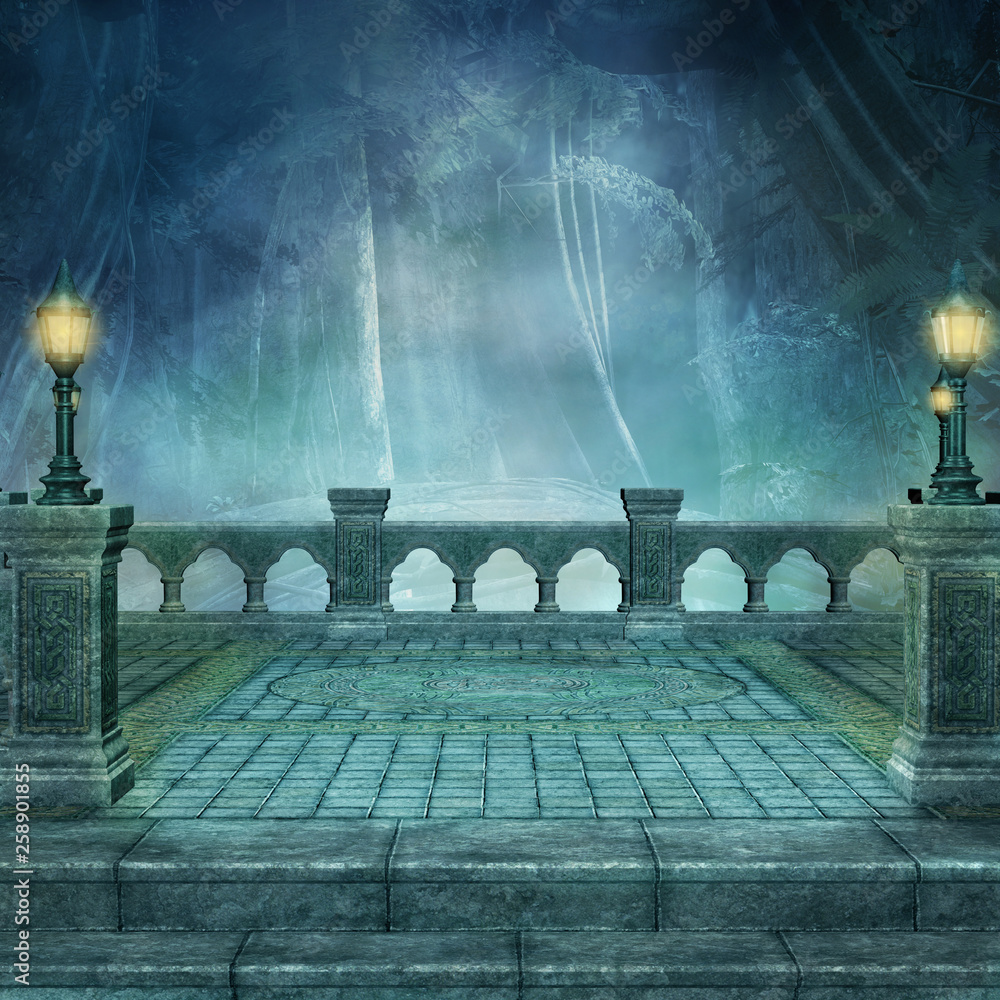 Fantasy balcony background with lanterns and a view to the enchanted ...