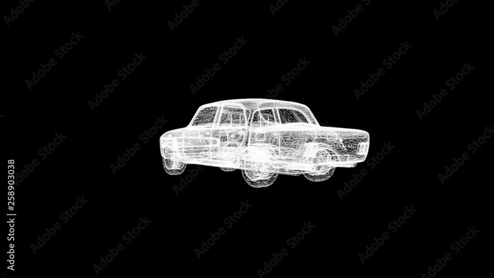 3D model of car on black background. Animation. White particles are ...