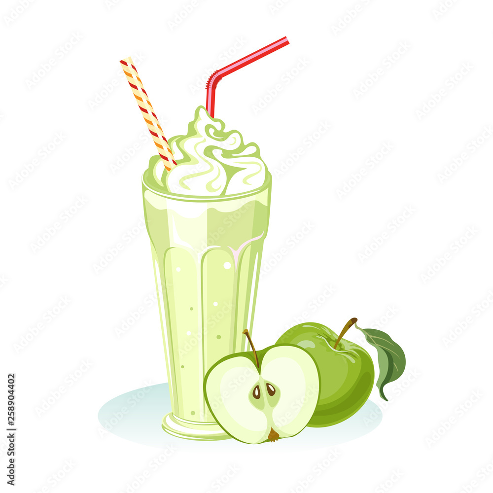 Apple Milkshake in glass with straw isolated on white background ...