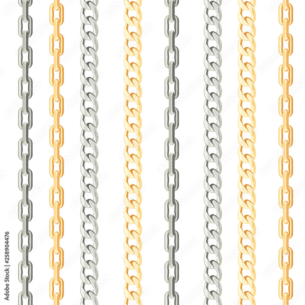Silver and gold chains seamless vertical pattern on white background ...