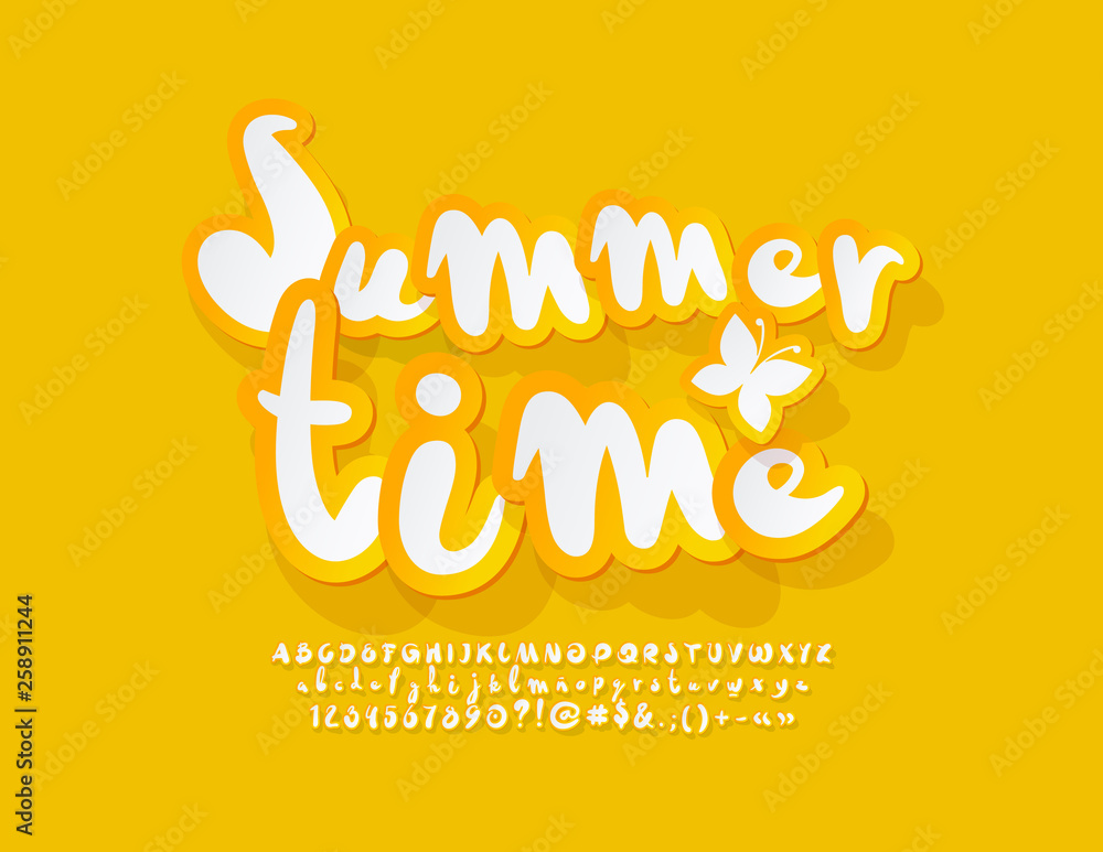 Vector bright yellow poster Summertime with Butterfly. Handwritten ...
