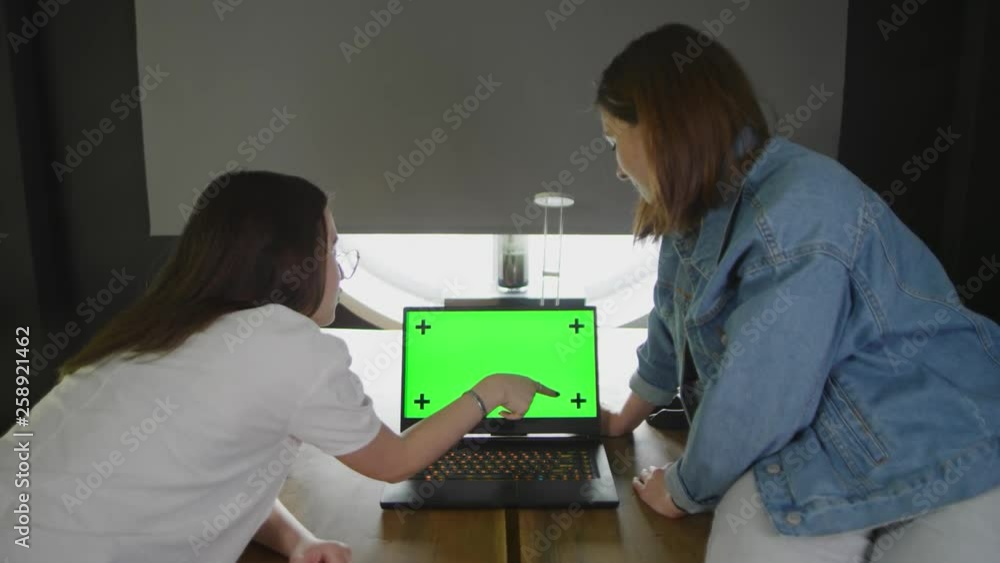 Two young girls look at the green screen of the laptop, point a finger ...