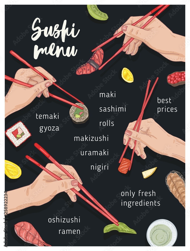 Japanese restaurant menu template with hands holding appetizing sushi ...