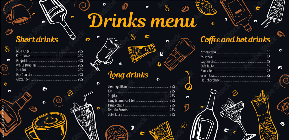 Cocktails, coffee and hot drinks menu design template with list of ...
